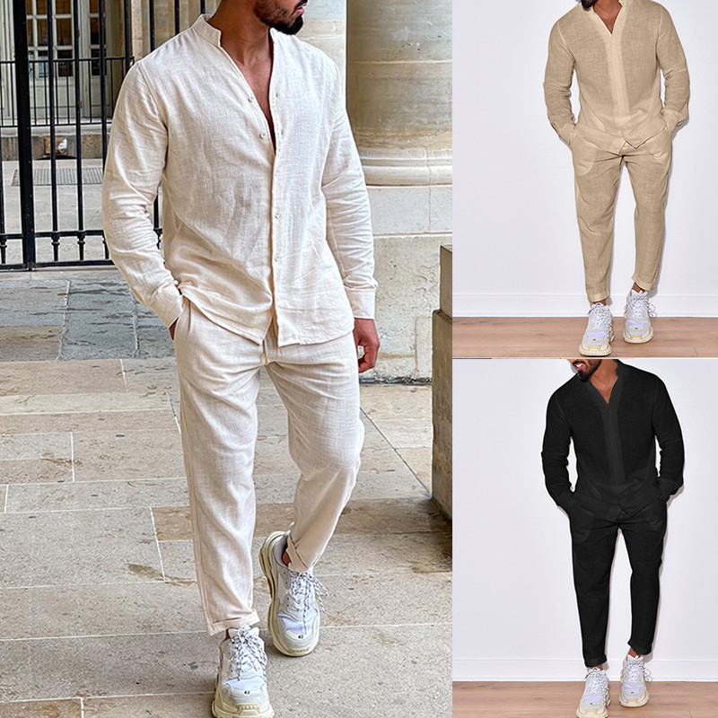 Men's Fashion Solid Color Linen Casual Long Sleeve Cargo Pants Two ...
