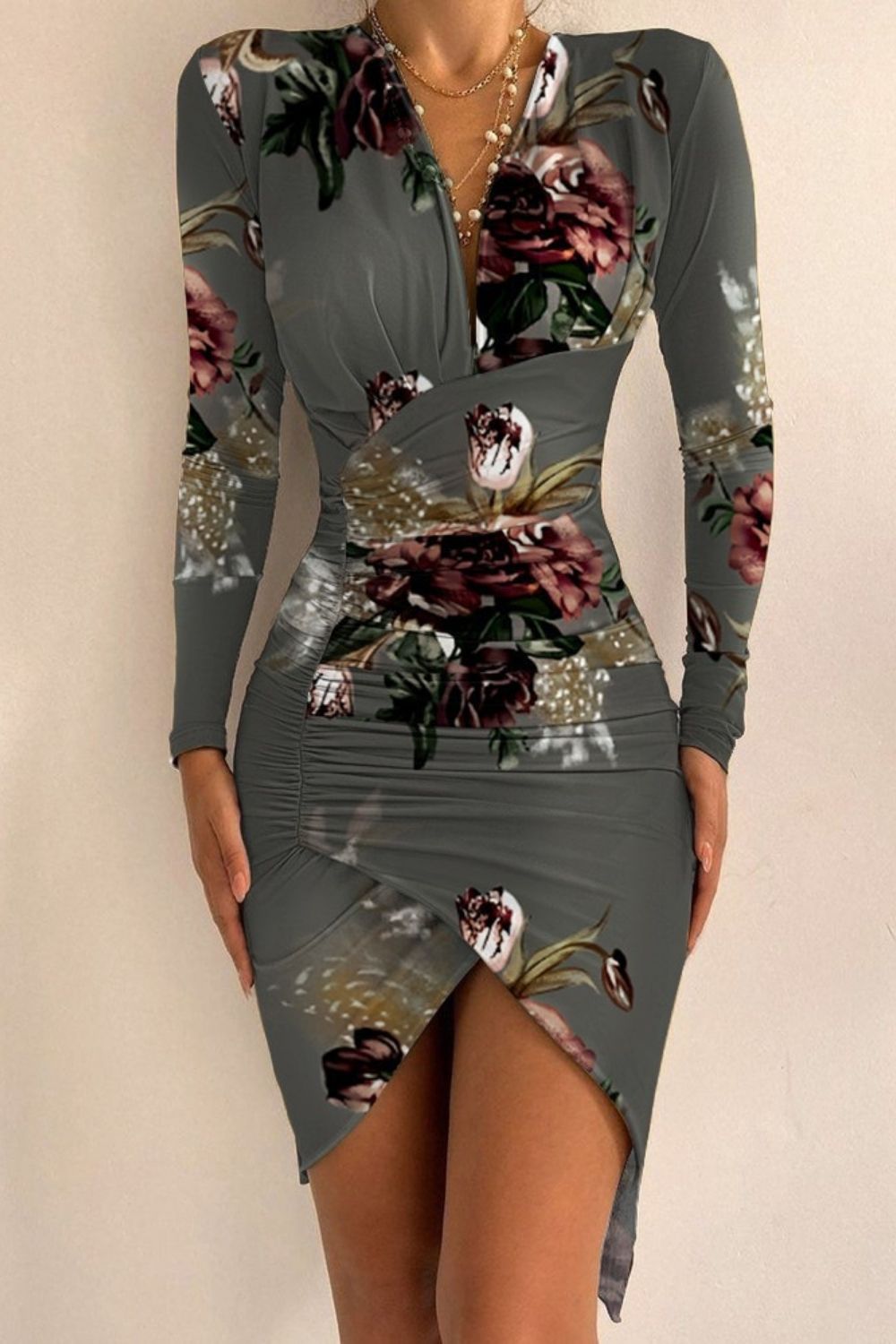 Printed V Neck Pleated Tunic Slit Irregular Sexy Party Bodysuit Dress