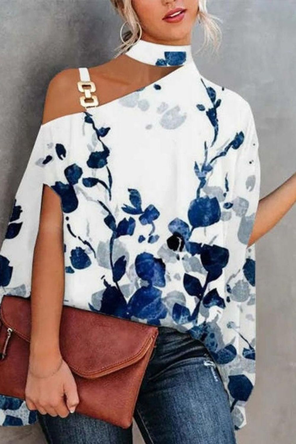 Women Print Chain Strap Half Sleeve Fashion Batwing Sleeve Blouse