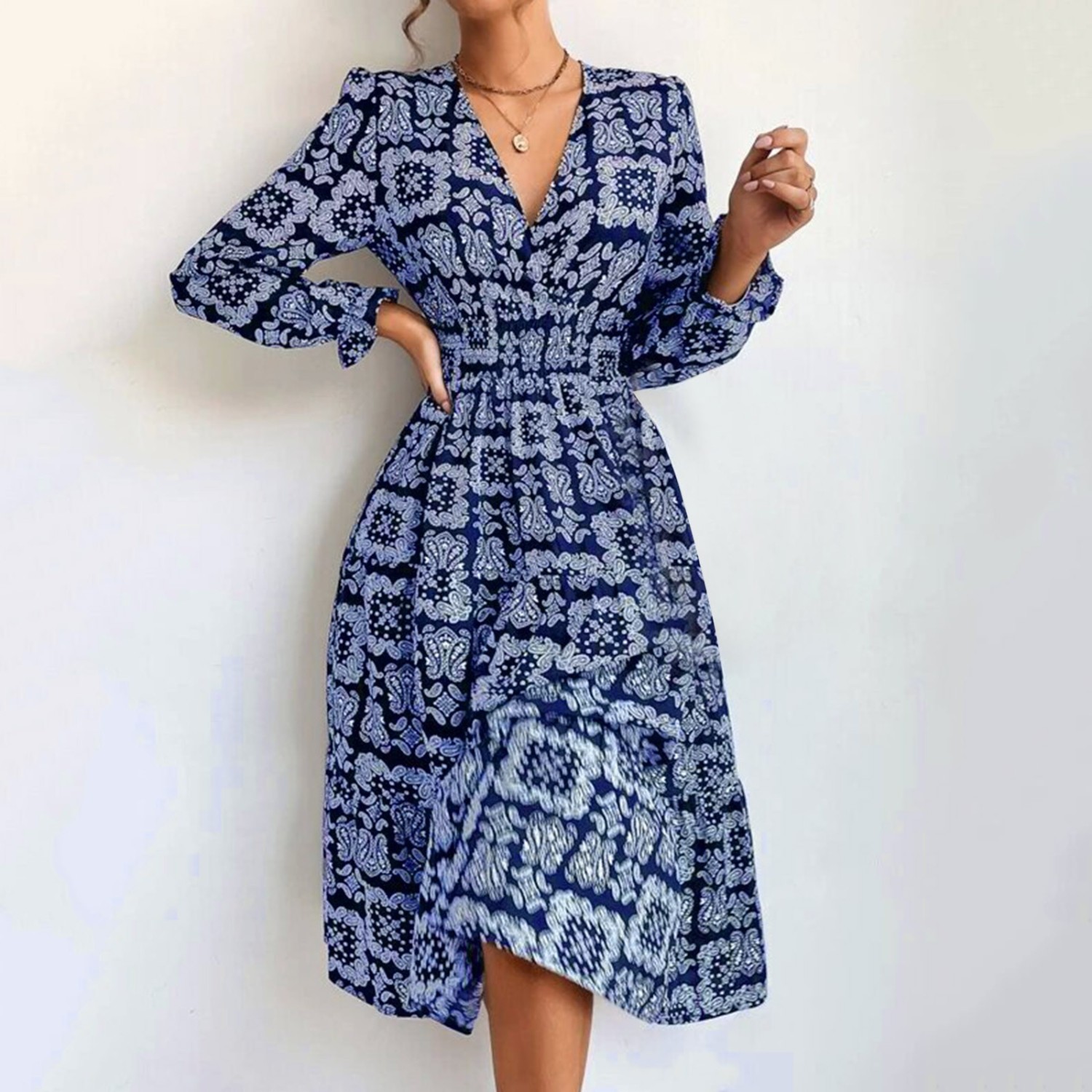 Fashion Ladies Elegant Vintage V Neck Printed Party Casual Midi Dress