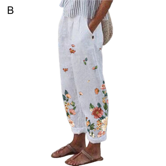 Women's Elegant Vintage Floral Print Cotton Linen Elastic Waist Pocket ...