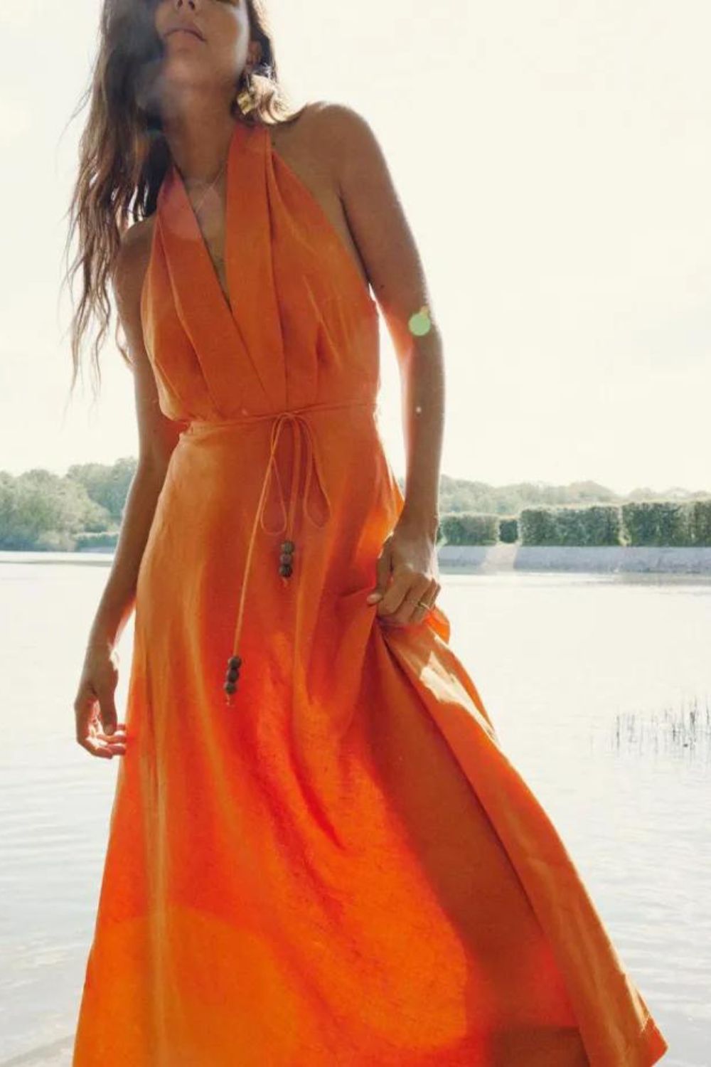 Summer Fashion Sexy Backless Halter Neck Sleeveless Linen Maxi Dress
