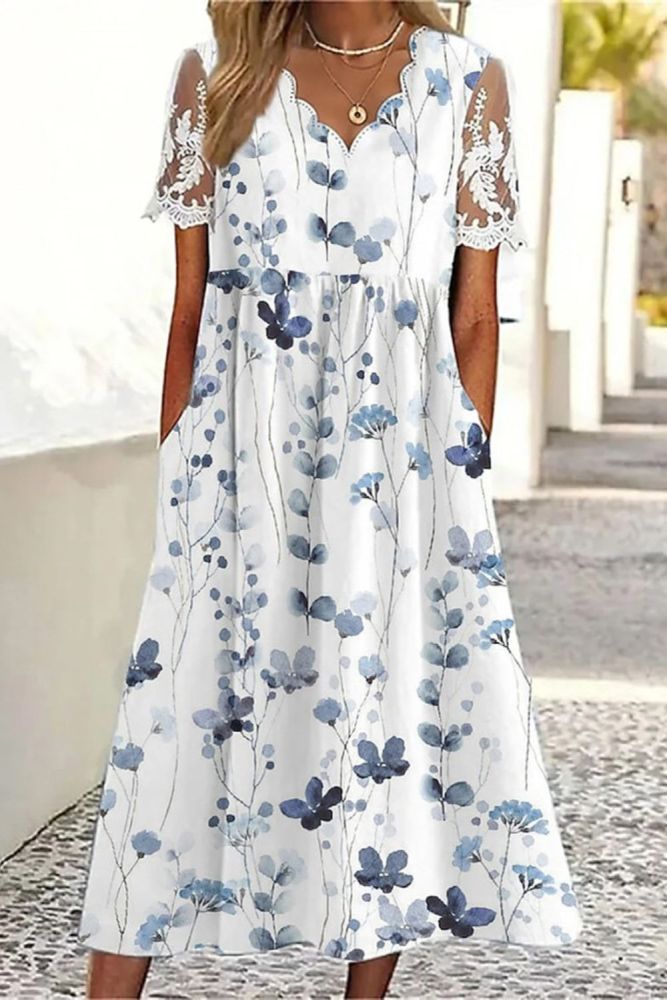 Summer Fashion Floral Print V Neck Short Sleeve Swing Holiday Casual Dress