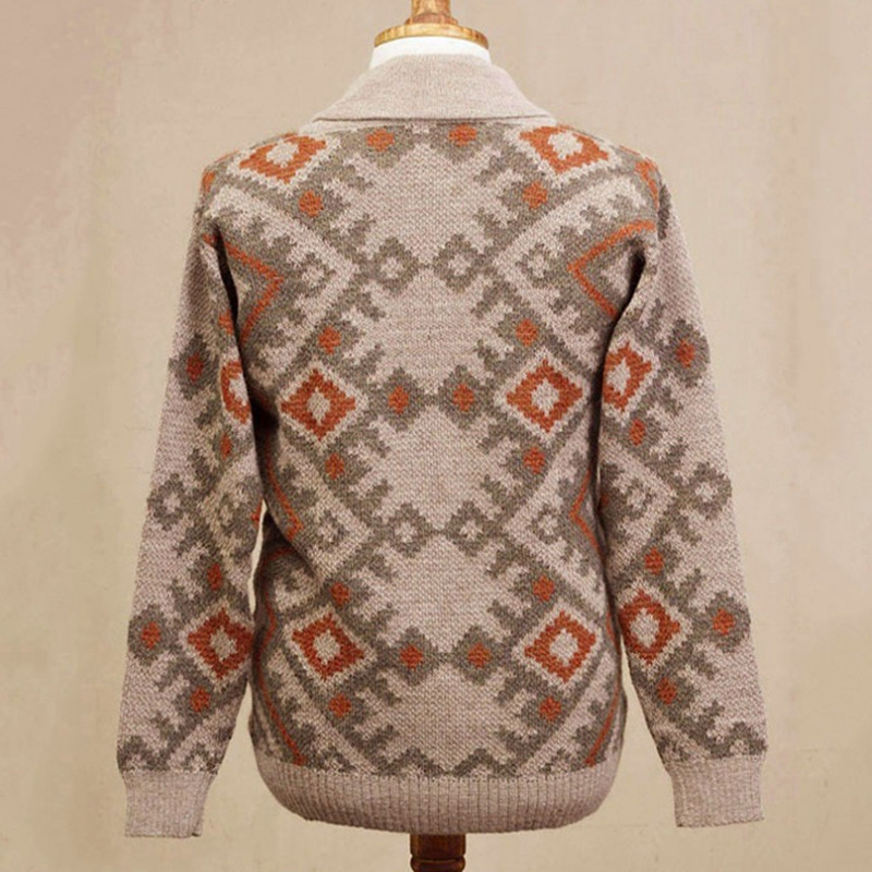 Casual Men's Jacket Button Lapel Vintage Pattern Jacquard Knit Cardigan