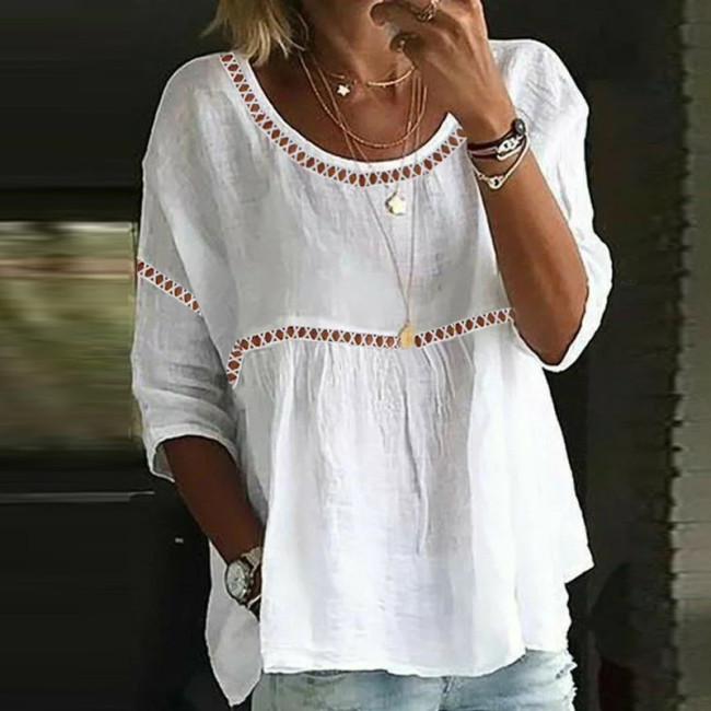 Casual Cotton Linen Print Elegant Loose Top Retro Round Neck Office T ...