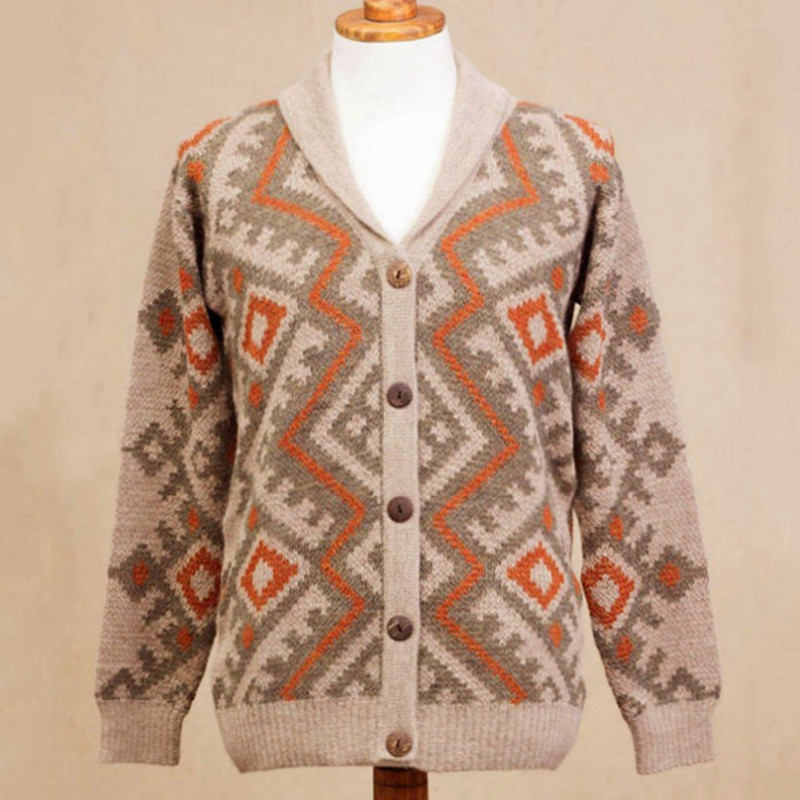 Casual Men's Jacket Button Lapel Vintage Pattern Jacquard Knit Cardigan