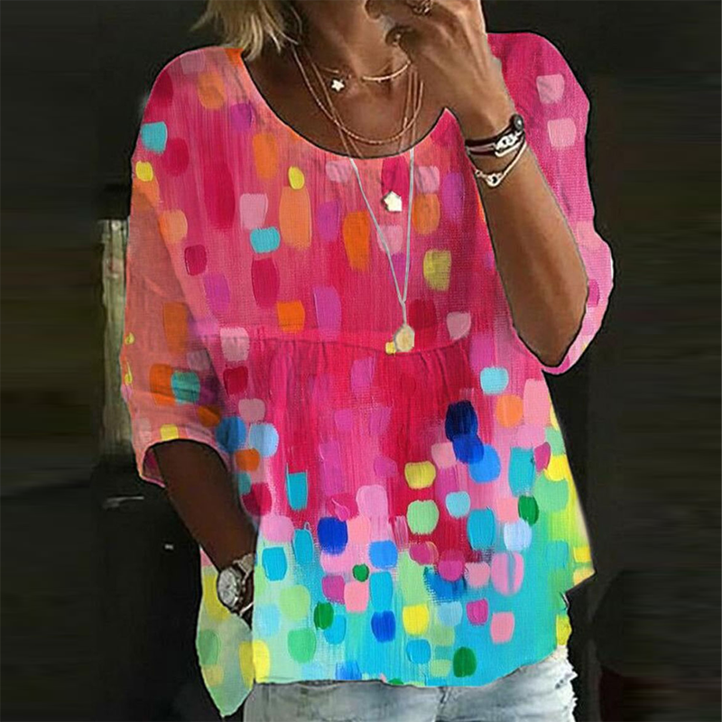 Casual Cotton Linen Print Elegant Loose Top Retro Round Neck Office T ...