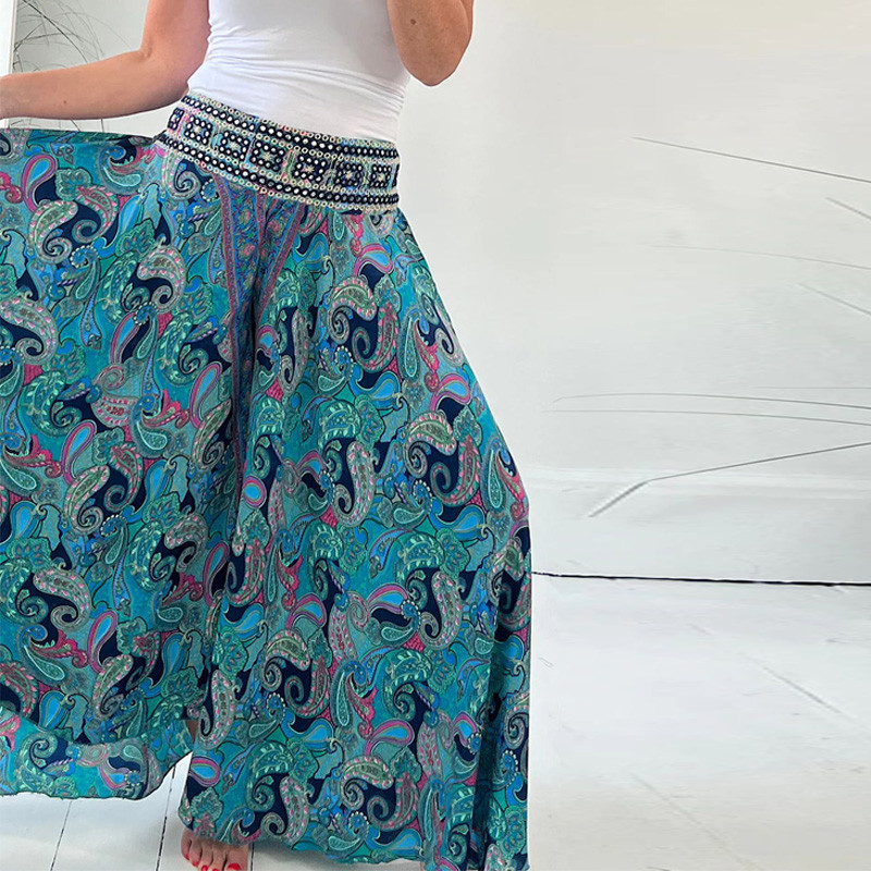 Women's Bohemian Print Retro High Waist Loose Ethnic Wide Leg Casual Pants