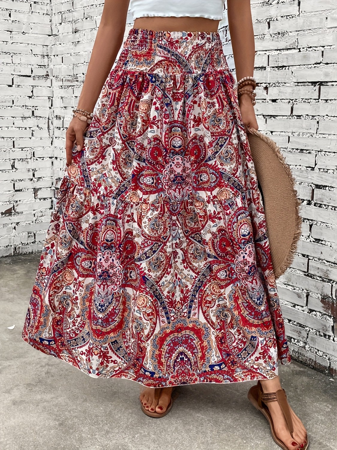 Paisley Print Shirred Waist Skirt, Casual Beach Wear Skirt For Spring ...