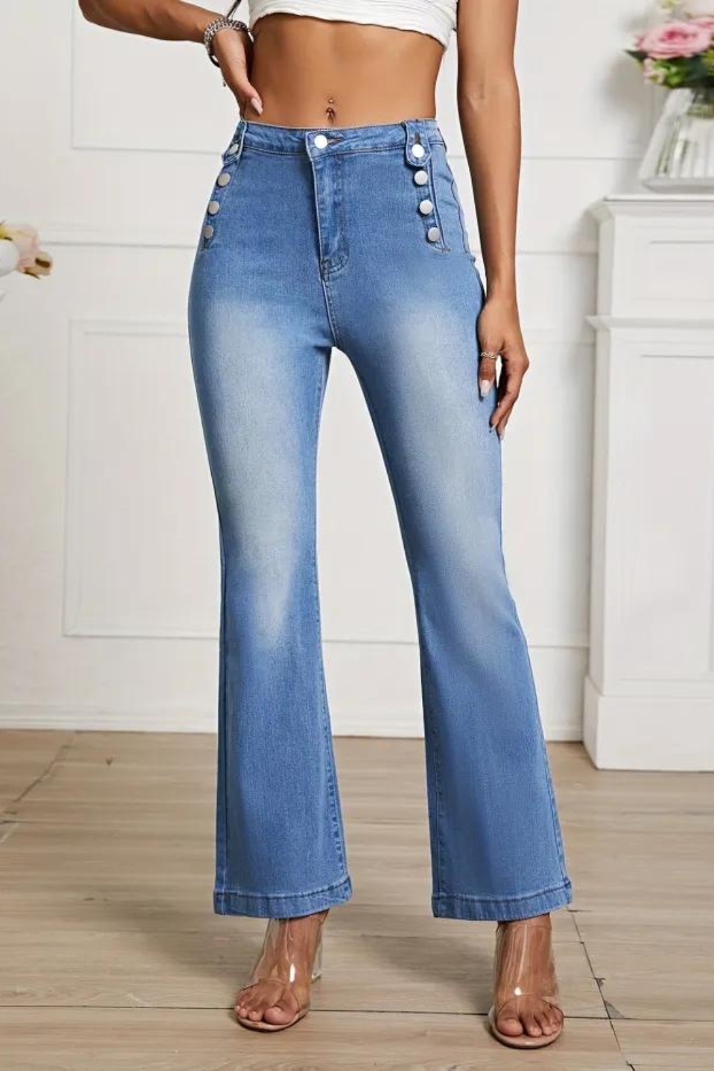 Blue High Waist Flared Jeans, Bell Bottom High Rise Wide Legs High ...