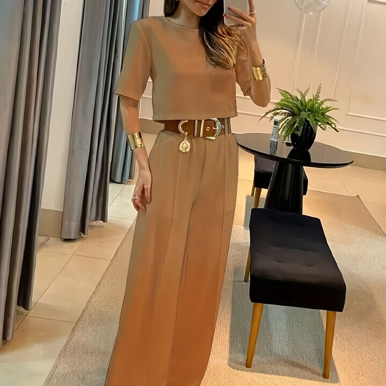 Casual Solid Two-piece Set Without Belt, Short Sleeve Crop Top & Wide ...