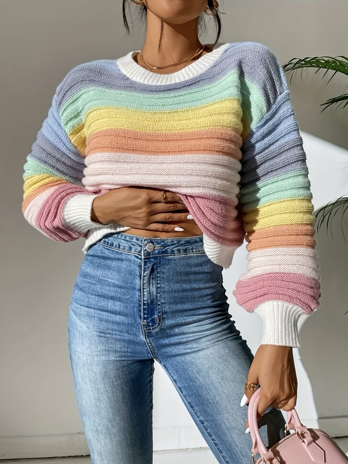 Colorful Stripe Knit Sweater, Casual Crew Neck Lantern Sleeve Sweater ...