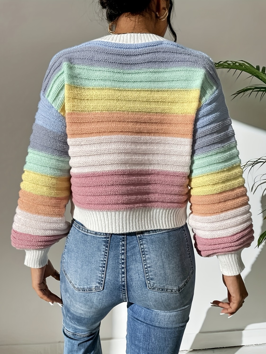 Colorful Stripe Knit Sweater, Casual Crew Neck Lantern Sleeve Sweater ...