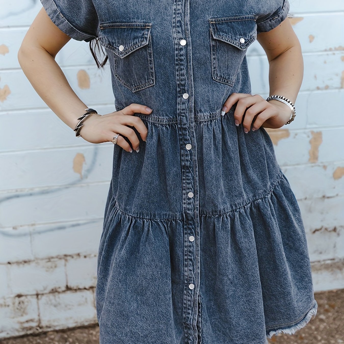 Raw Hem Lapel Denim Dress, Short Sleeves Single-Breasted Button Loose ...