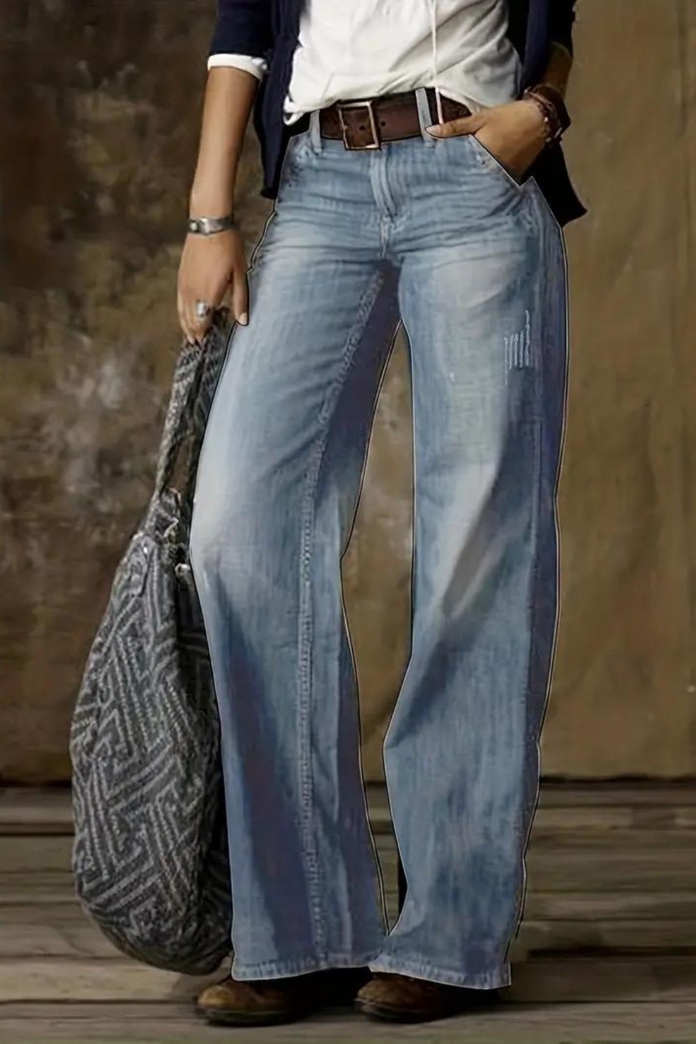 Solid Loose Fit Straight Jeans, Non-Stretch Slash Pockets Baggy Denim ...