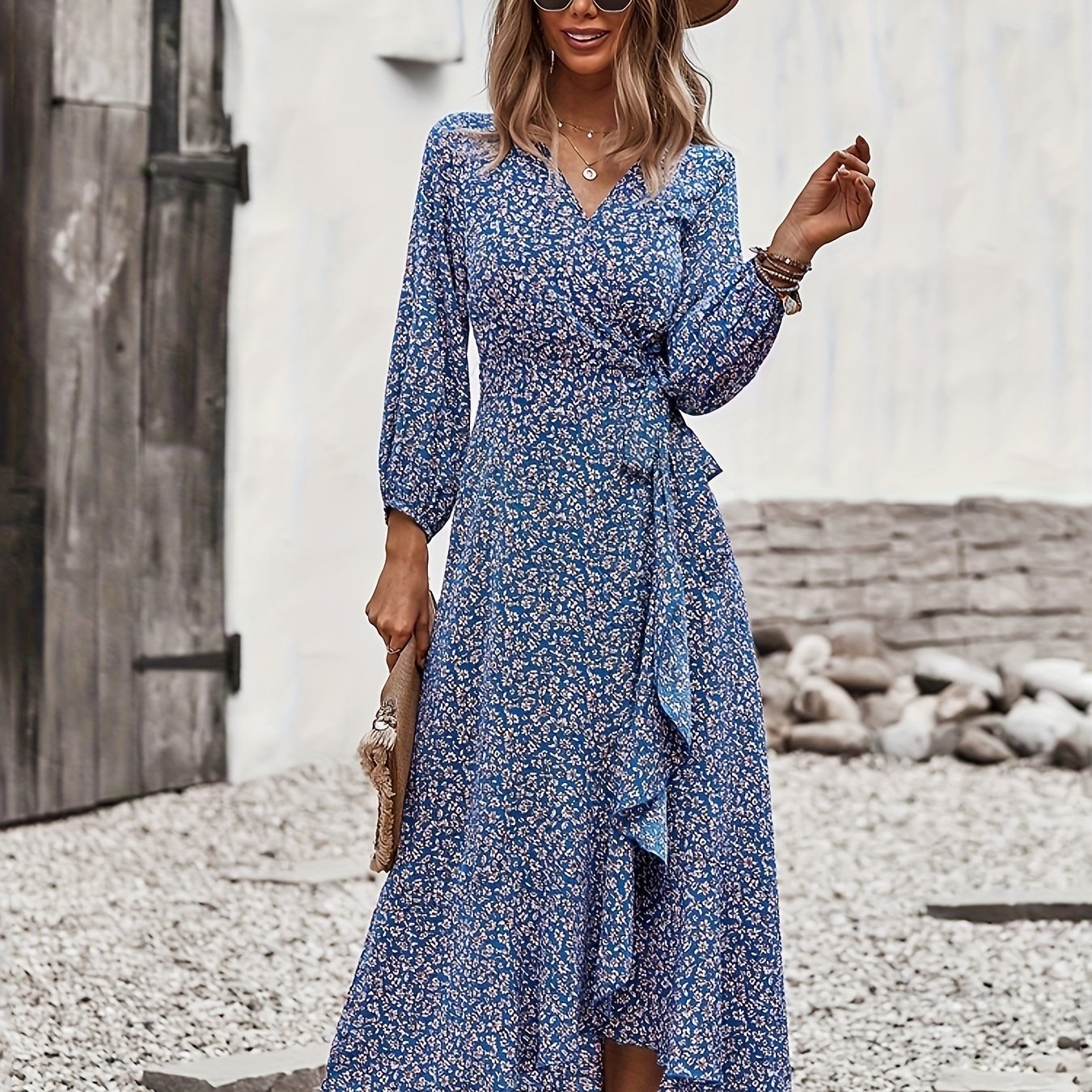 Ditsy Floral Print Wrap Dress, Boho V Neck Long Sleeve Ruffle Trim Dress, Women's Clothing