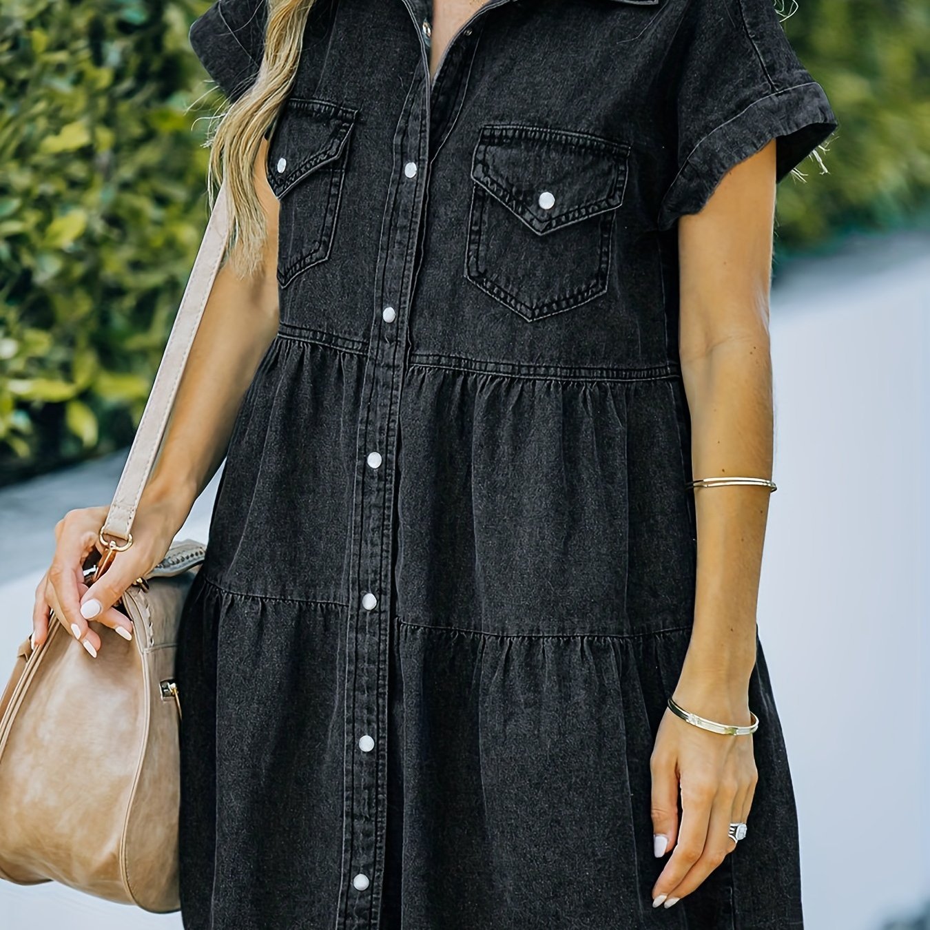 Raw Hem Lapel Denim Dress, Short Sleeves Single-Breasted Button Loose ...