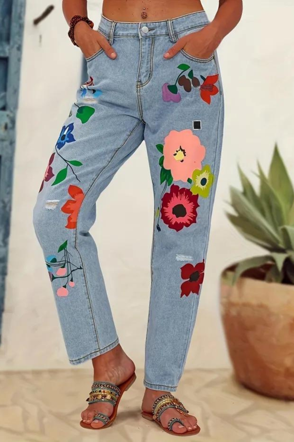 Blue Floral Pattern Straight Jeans, Slash Pockets Non-Stretch Loose Fit ...