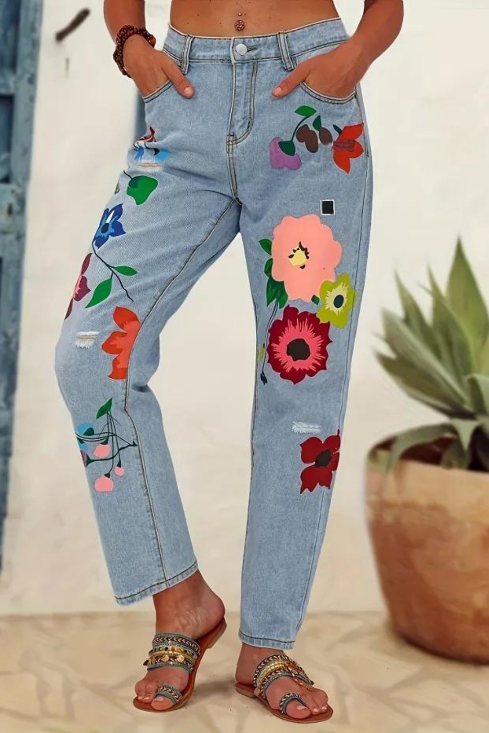 Blue Floral Pattern Straight Jeans, Slash Pockets Non-Stretch Loose Fit ...