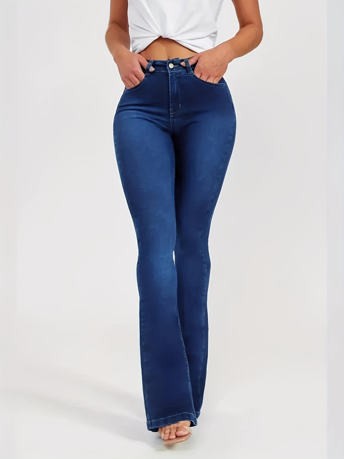 Dark Blue Slim Fit Flared Jeans, High-Stretch Bell Bottom Slash Pockets ...