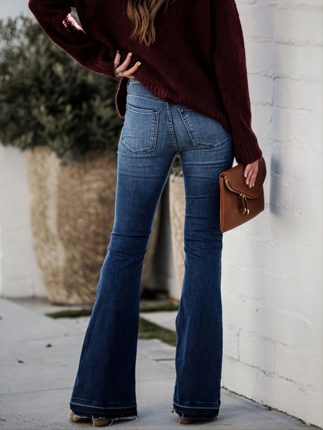 Women's Slim Fit Bootcut Denim Pants, Classic Flare Leg Jeans, Raw Hem ...