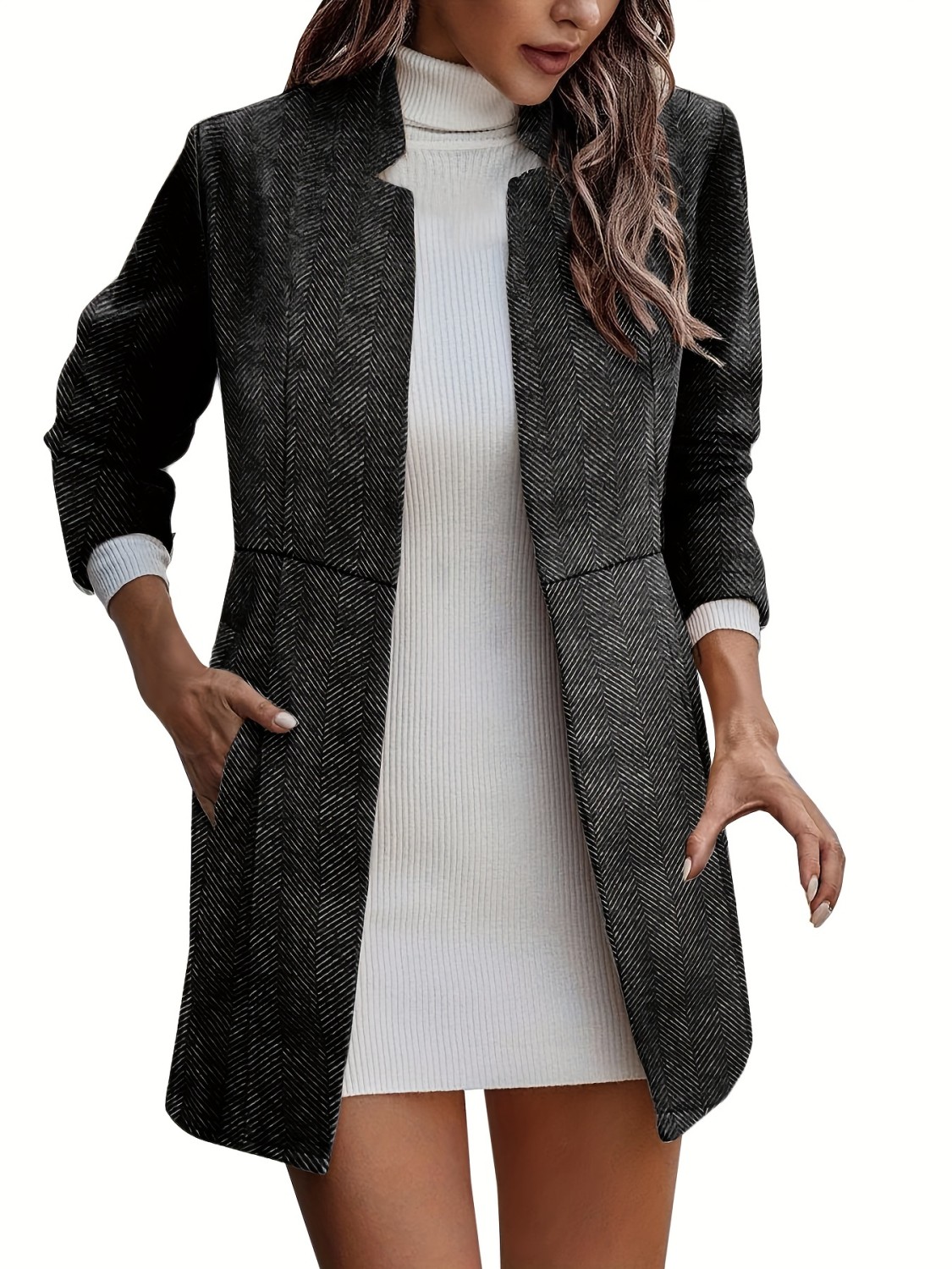 Open Front Lapel Neck Blazer, Elegant Long Sleeve Blazer For Office ...
