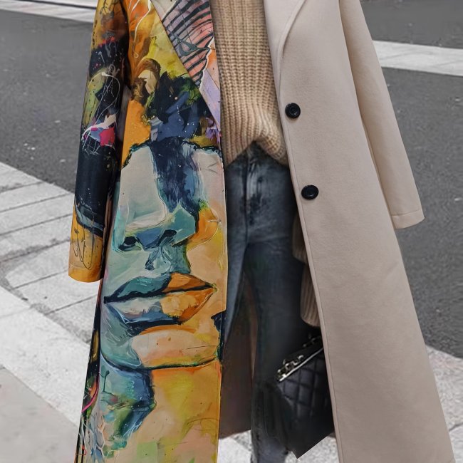 Plus Size Casual Coat, Women's Plus Colorblock Oil Painting Print Long ...