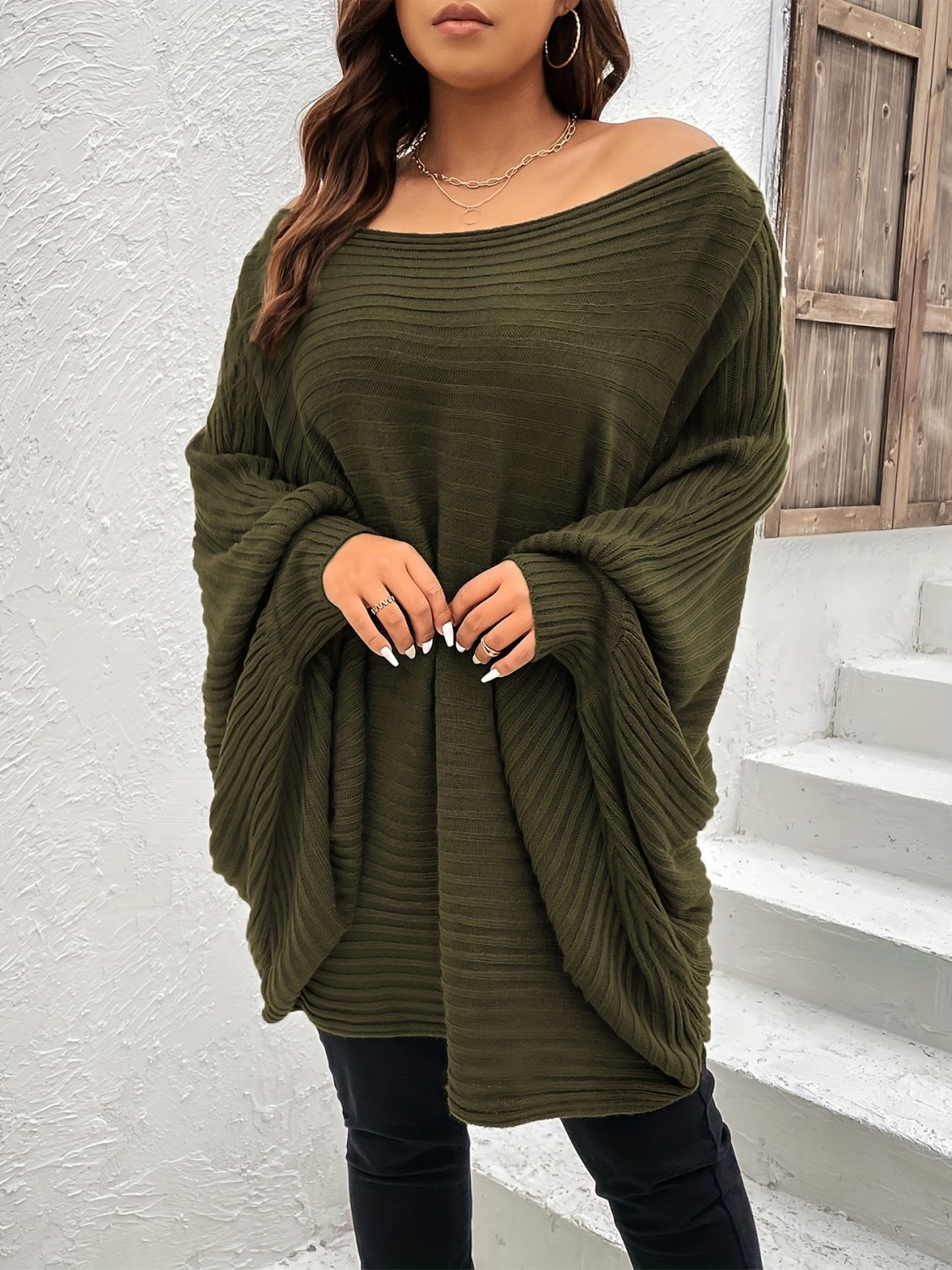 Plus Size Rib Knit Off Shoulder Batwing Sleeve Loose Fit Sweater, Women ...