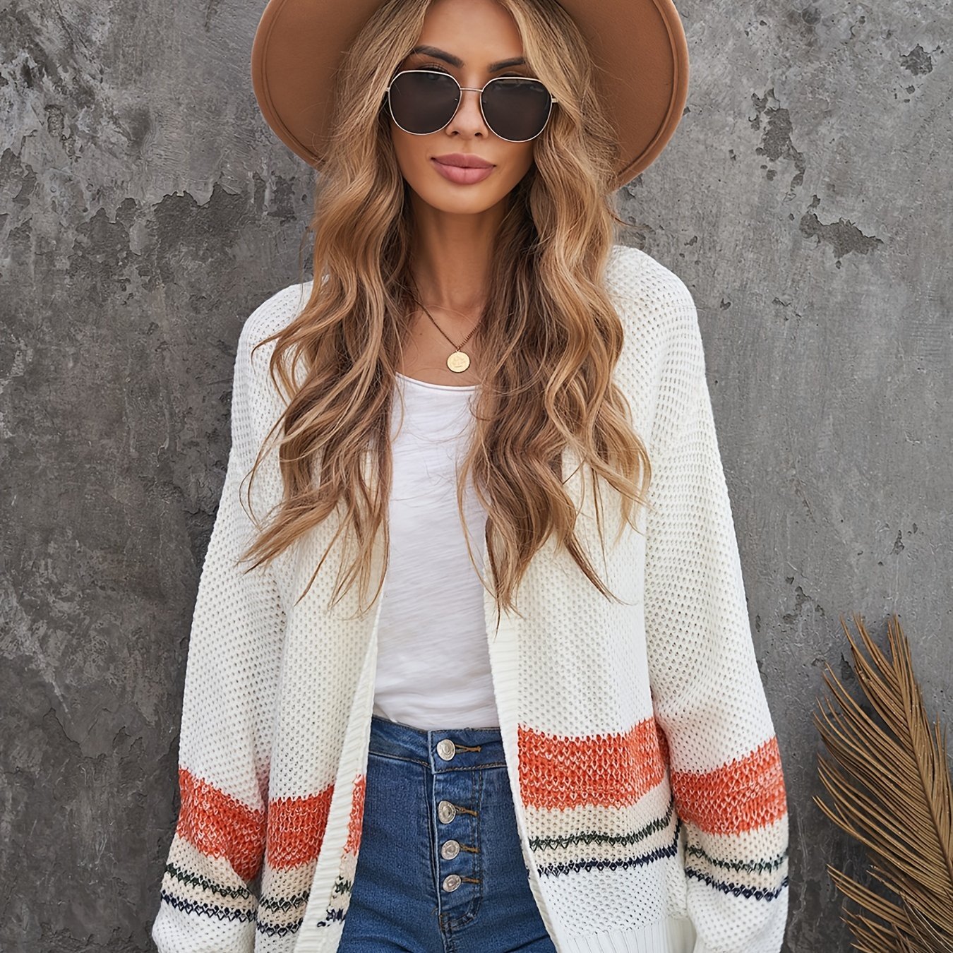 Color Block Long Sleeve Cardigan, Casual Open Front Loose Sweater For ...