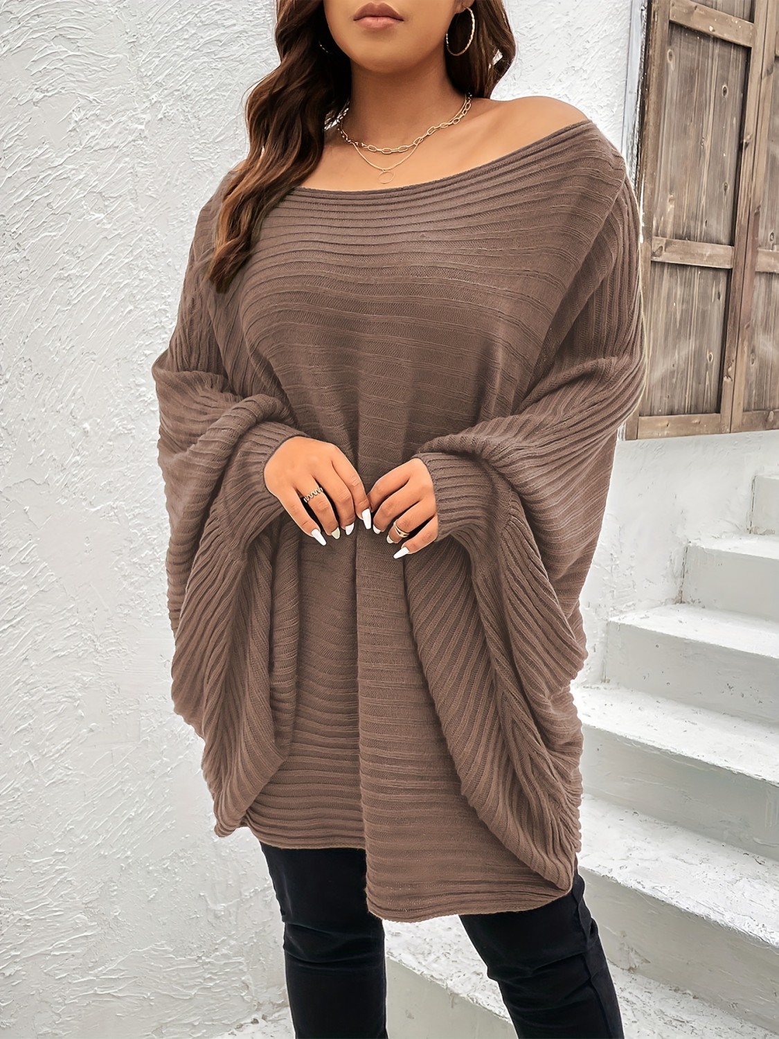 Plus Size Rib Knit Off Shoulder Batwing Sleeve Loose Fit Sweater, Women ...