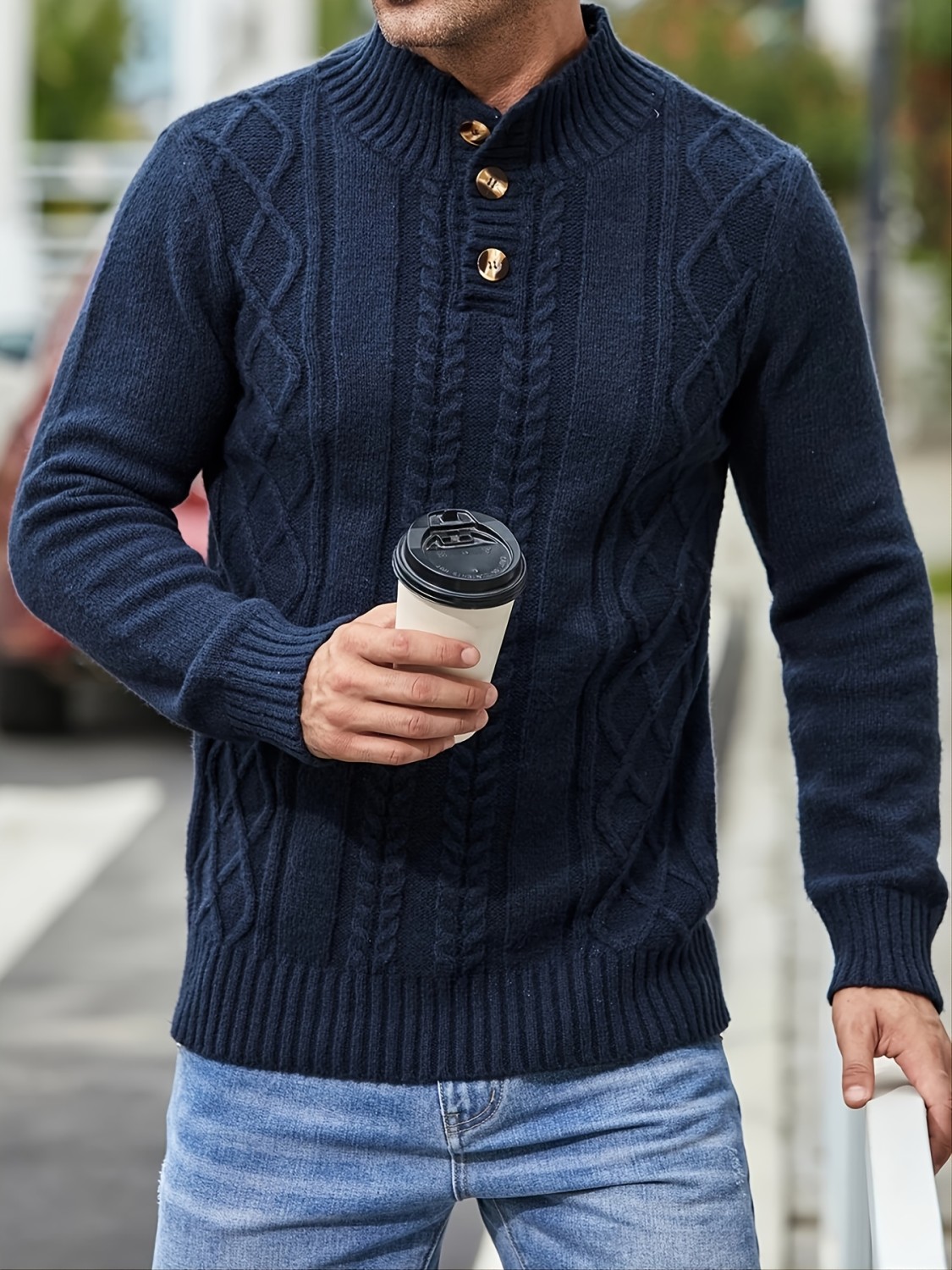 Men's Cable Knit Button Retro Long Sleeve Pullover Sweater