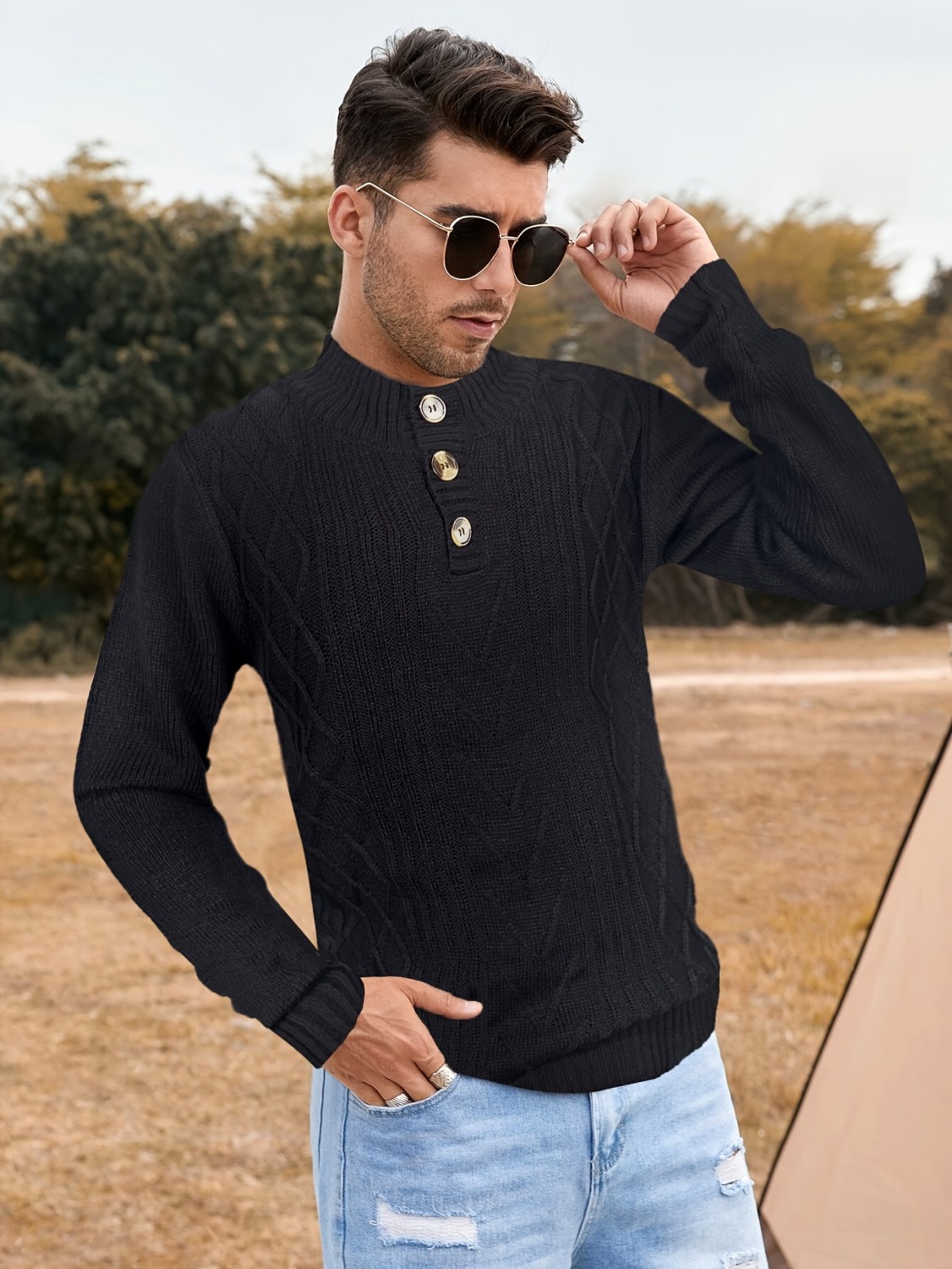 Men's Cable Knit Button Retro Long Sleeve Pullover Sweater