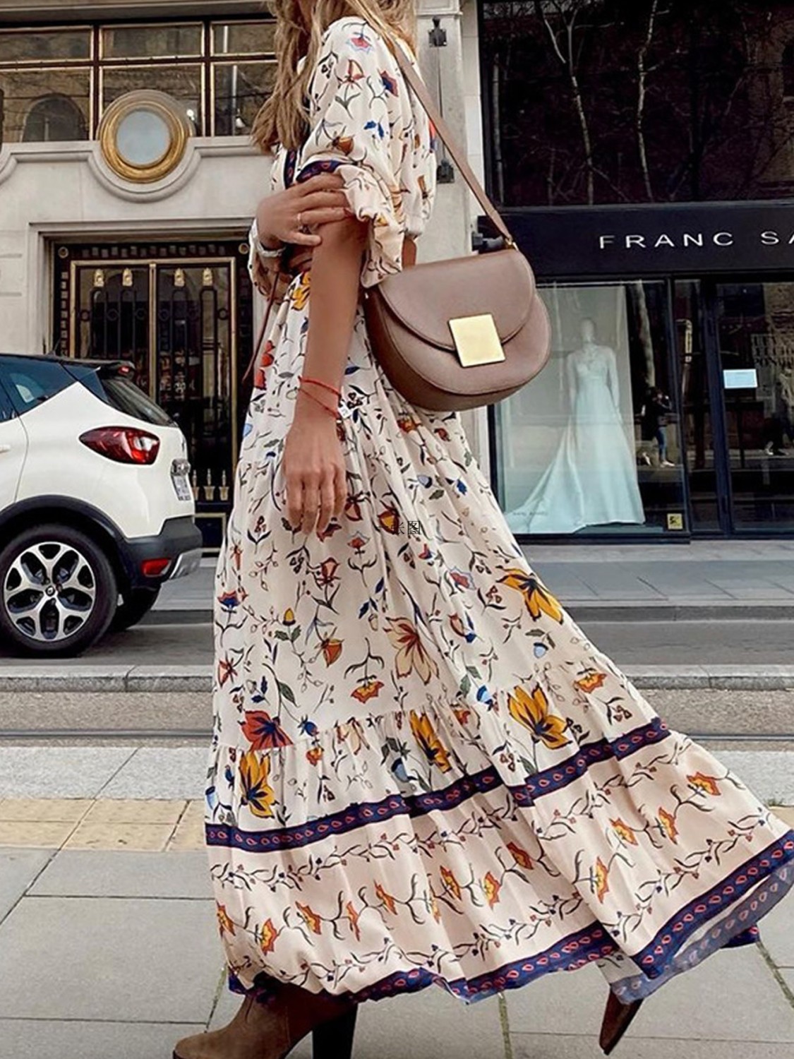 Women's Bohemian Long Dress With Split Belt And Vintage Print