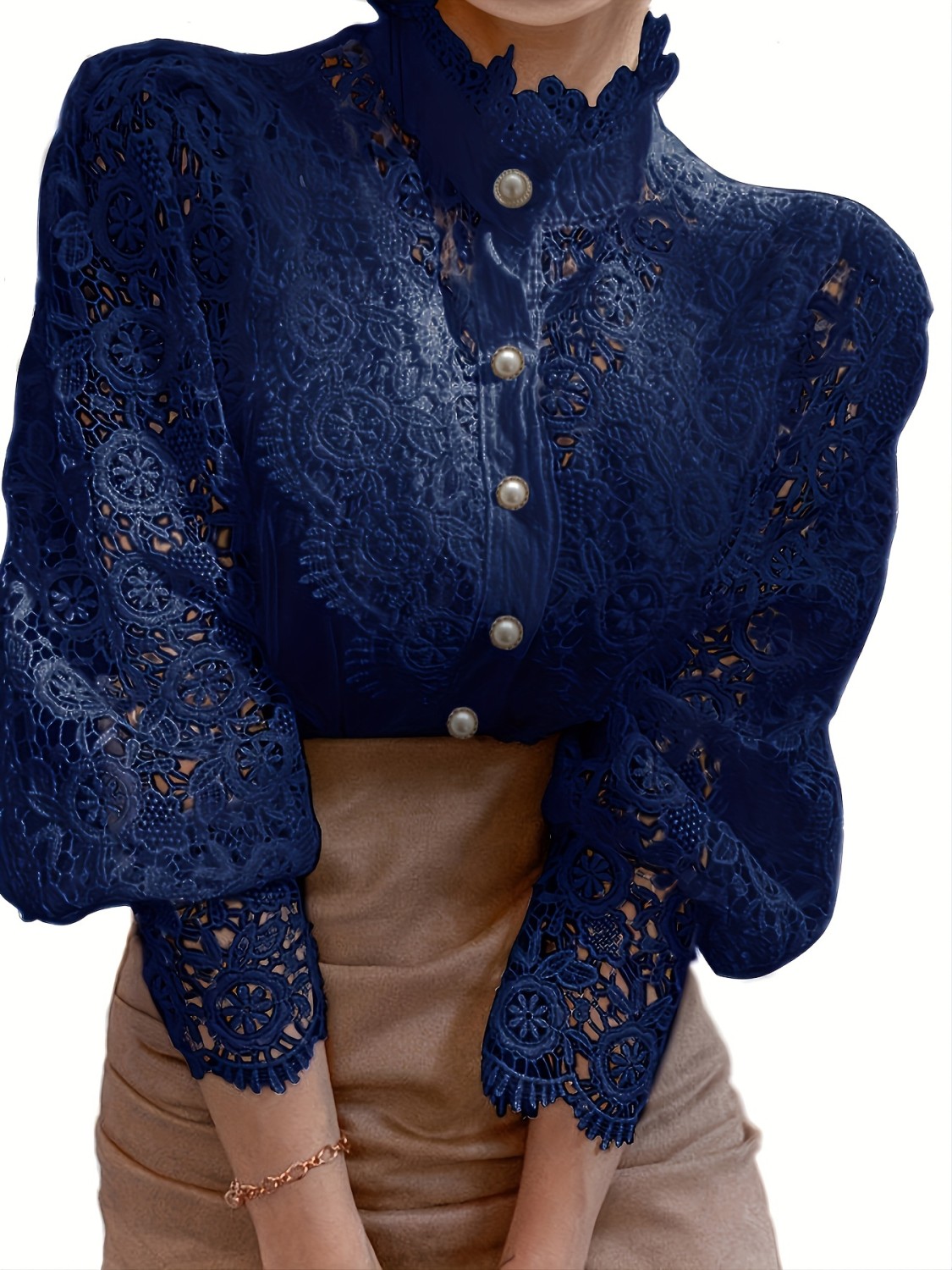 Womens Blouse Lace Puff Sleeve Lantern Sleeve Solid Pleated Women Blouse