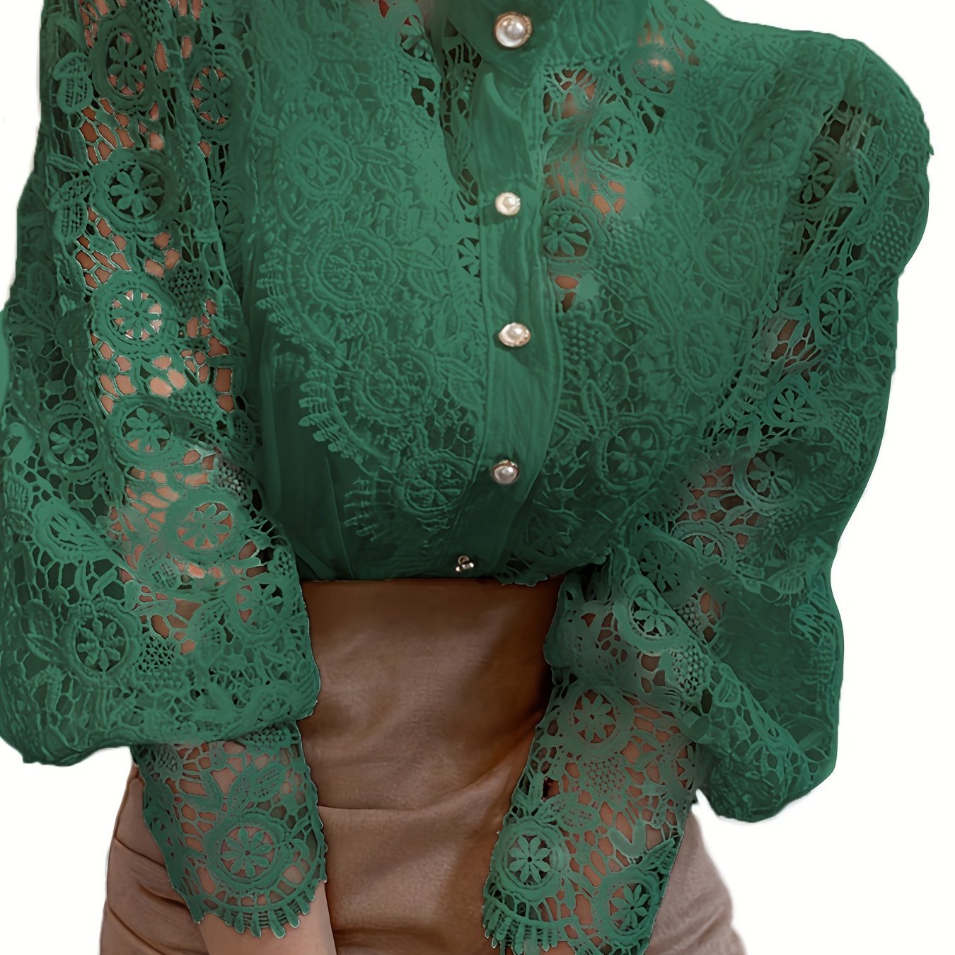 Womens Blouse Lace Puff Sleeve Lantern Sleeve Solid Pleated Women Blouse