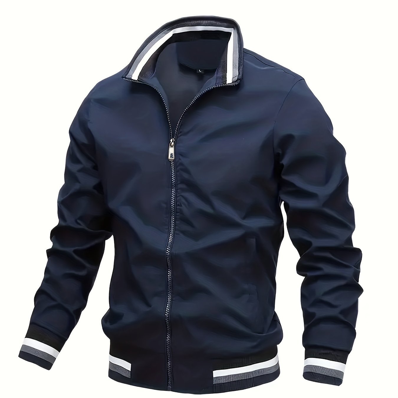 Stripe Edge Bomber Jacket, Men's Casual Stand Collar Zip Up Jacket For ...