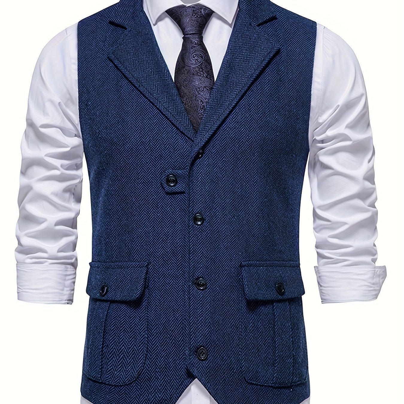 Men's Herringbone Tweed Vest Notched Lapel Single Breasted Sleeveless ...