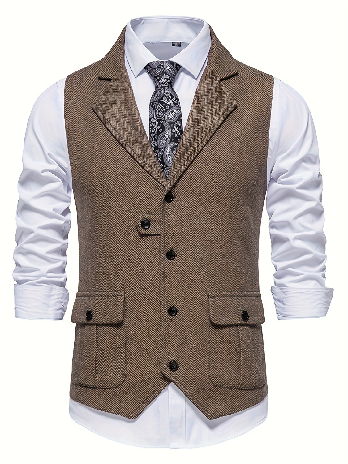 Men's Herringbone Tweed Vest Notched Lapel Single Breasted Sleeveless ...