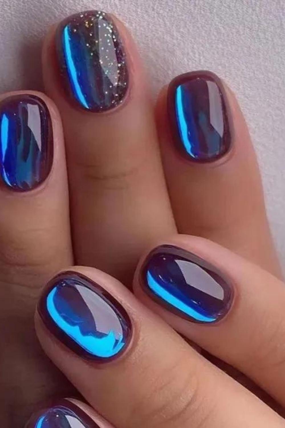 Short Explosive Aurora Manicure Galaxy Blue Glitter Manicure Wearable Nails