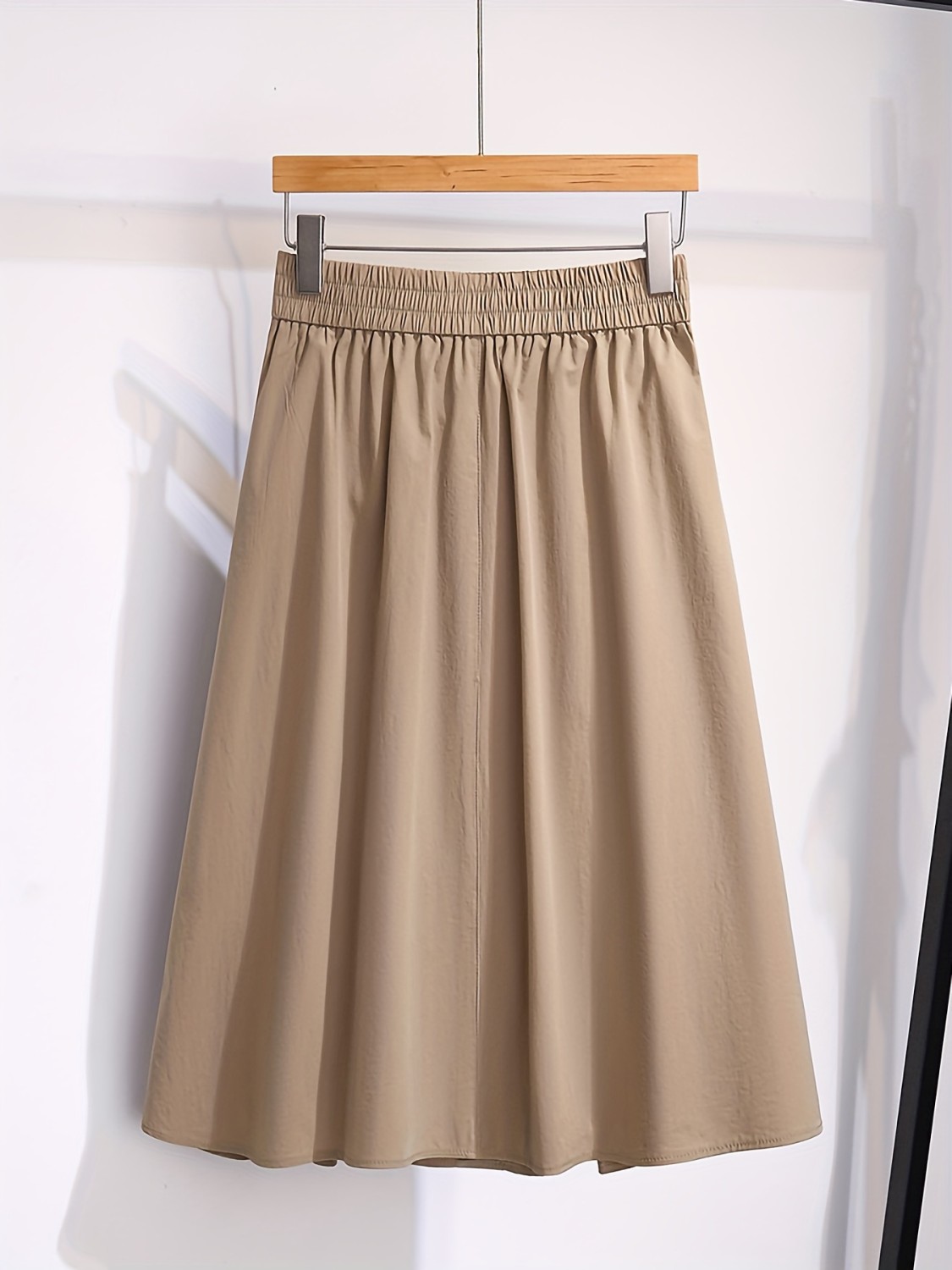 Solid Button Front Midi Skirt, Casual Elastic Waist Simple Pleated ...