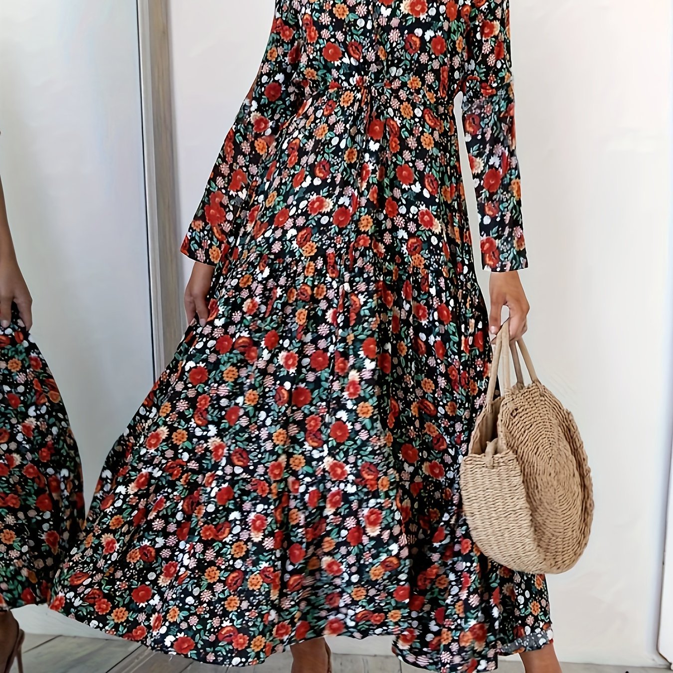 Plus Size Boho Dress, Women's Plus Ditsy Floral Print Long Sleeve V Neck Smock Maxi Dress