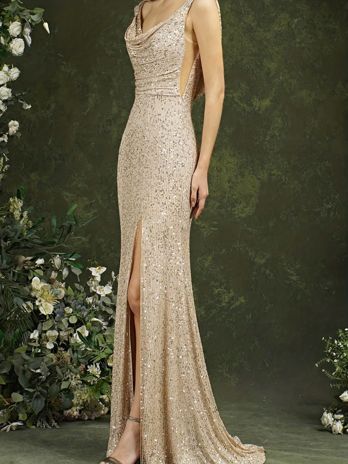 Cowl Neck Backless Split Dress, Elegant Dress For Wedding Party, Women ...