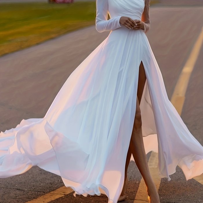 Split Thigh Solid Dress, Elegant Contrast Mesh Long Sleeve Maxi Party ...