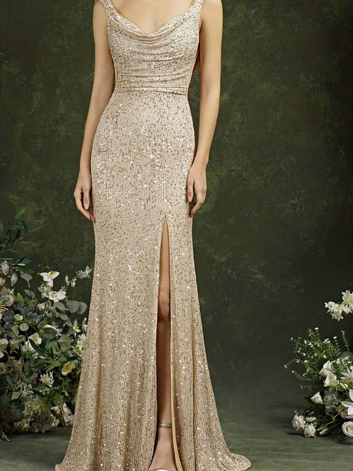 Cowl Neck Backless Split Dress, Elegant Dress For Wedding Party, Women ...