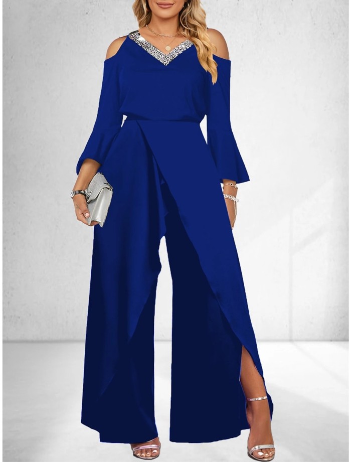 Elegant Sequin Solid V Neck Flare Sleeve Slim Wide Leg Split Jumpsuits Party Club