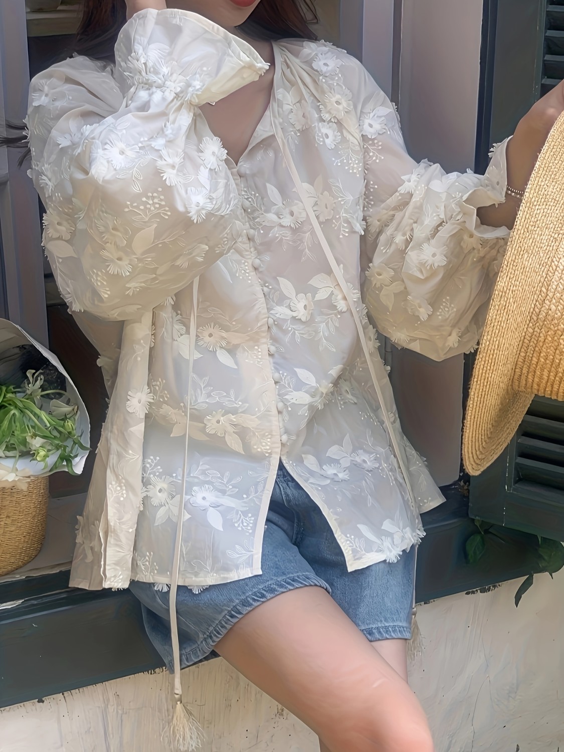 Floral Embroidered Blouse, Elegant Drawstring Long Sleeve Blouse, Women ...