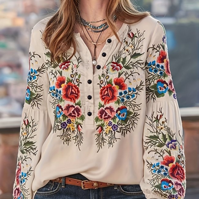 Plus Size Boho Blouse, Women's Plus Floral Embroidered Lantern Sleeve ...