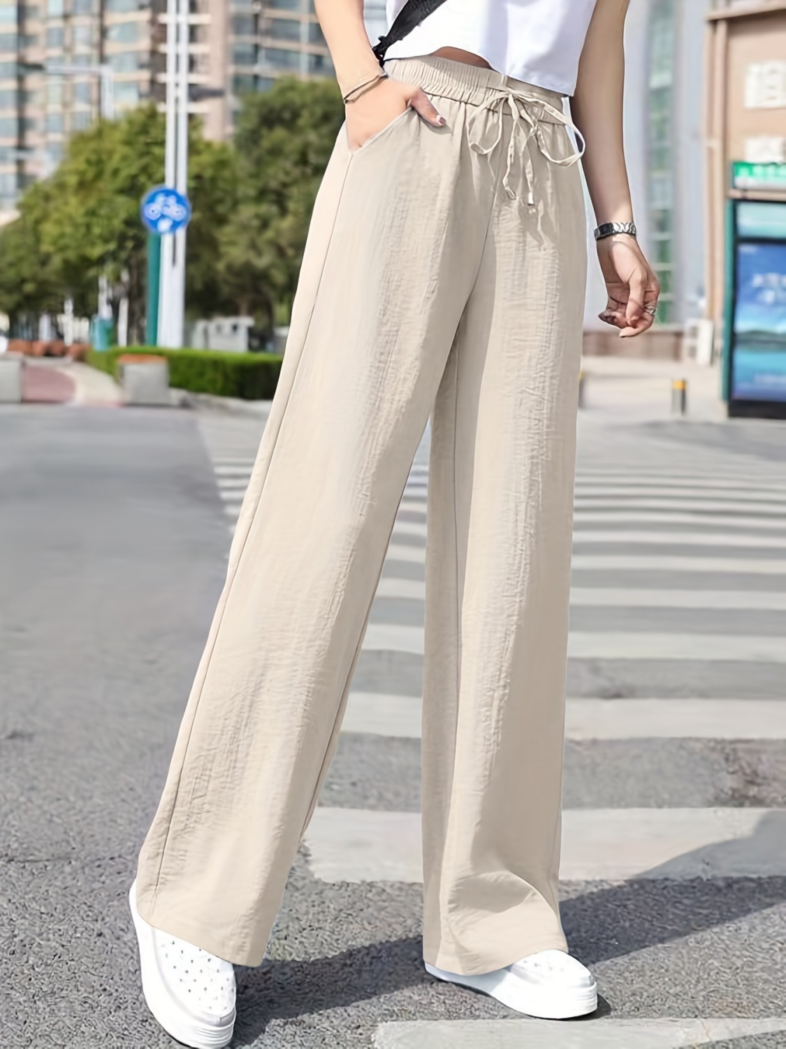 Minimalist Solid Drawstring Pants, Casual Long Length Elastic Waist ...