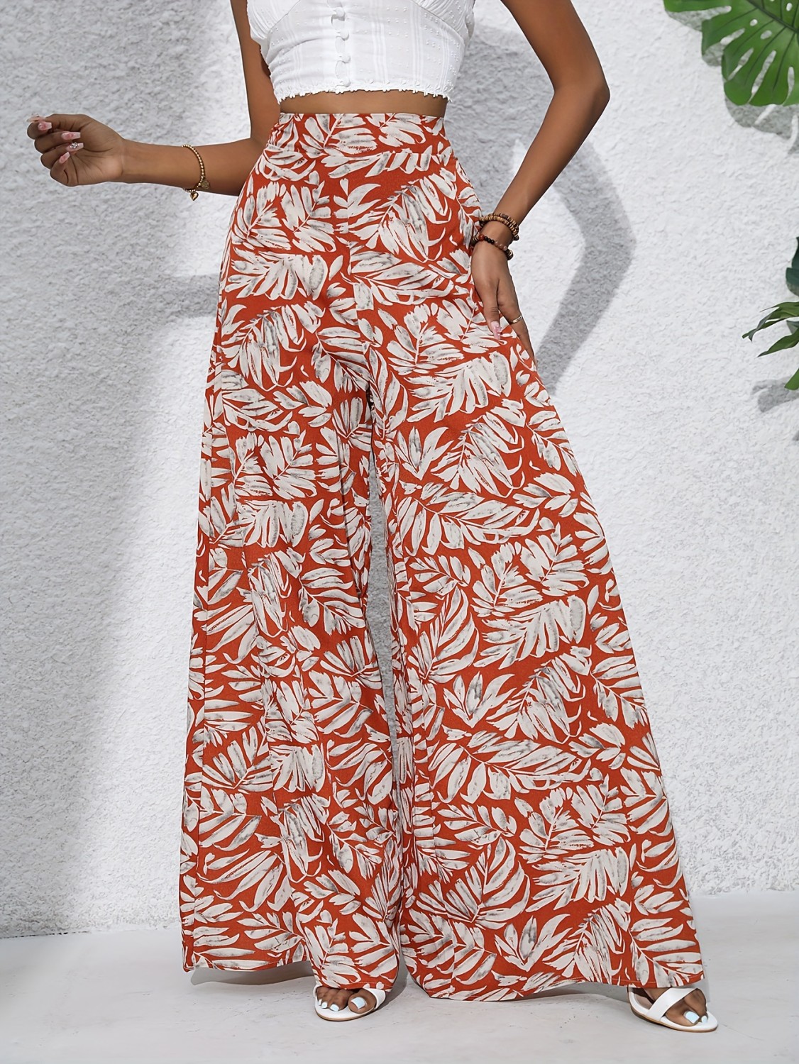 Boho Plants Print Pants, Casual High Waist Elastic Wide Leg Summer ...