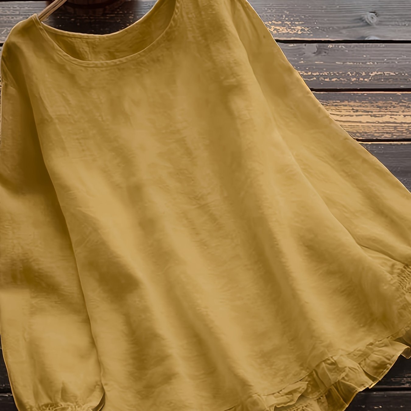 Plus Size Lettuce Trim Solid Round Neck Women Tops, Women's Plus Casual ...